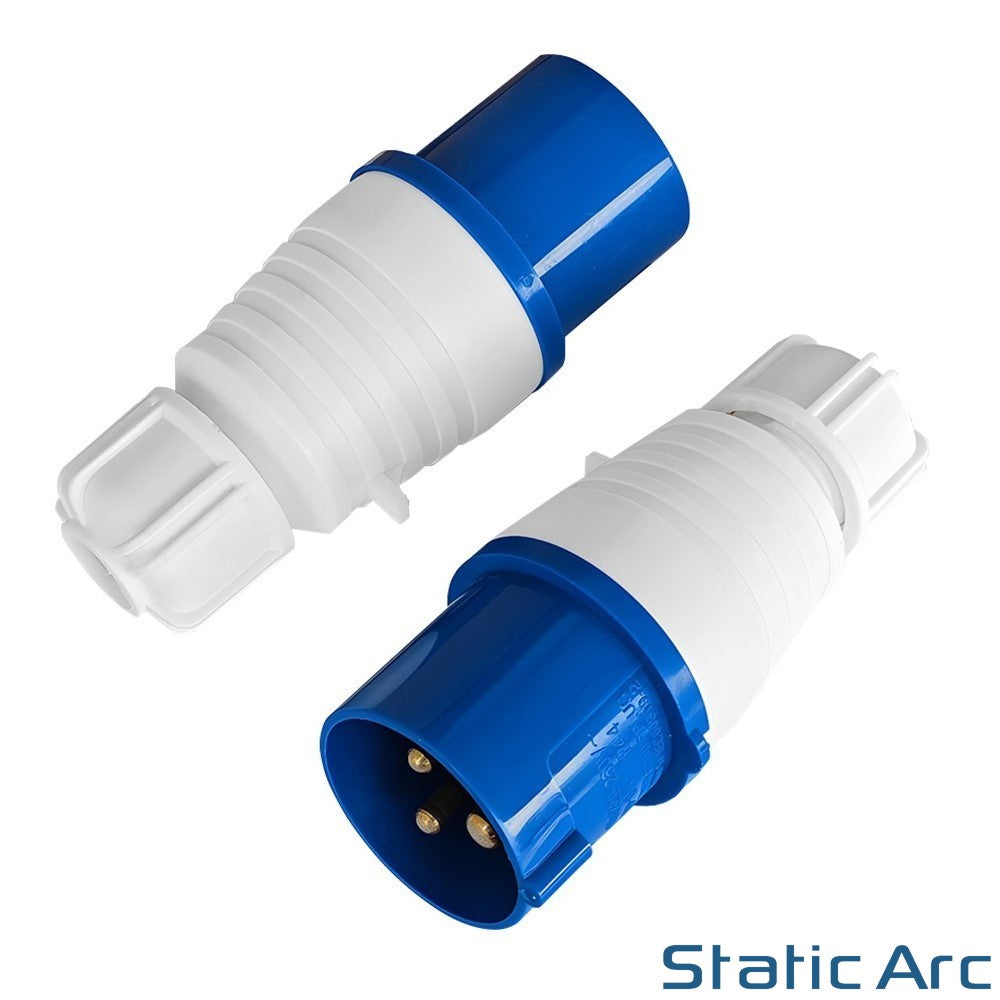 16A 3-PIN INDUSTRIAL PLUG SOCKET MALE FEMALE 2P+EARTH BLUE CAMPING ...